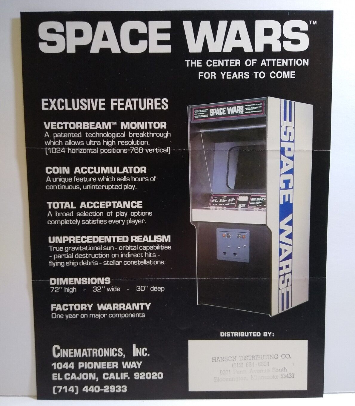 Space Wars Arcade Flyer Original 1977 Original Retro Video Game Art 8.5 ...