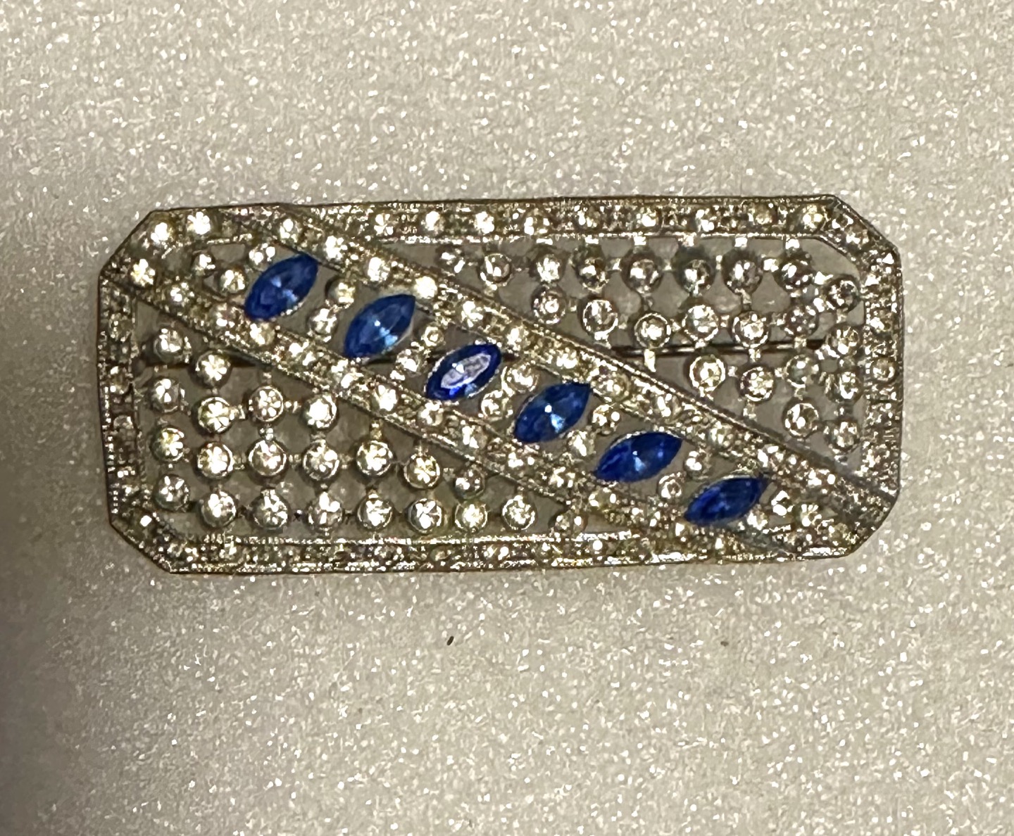 Art Deco Blue & Crystal Rhinestone Sash Brooch