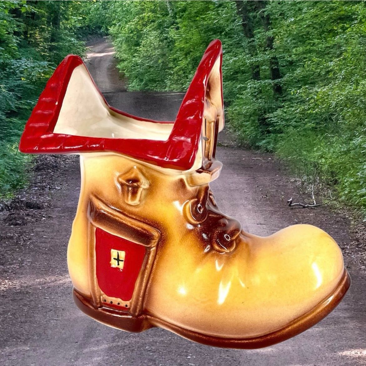 Vintage Ceramic Boot House Planter Lived in a Shoe Red Brown Hiking Boot