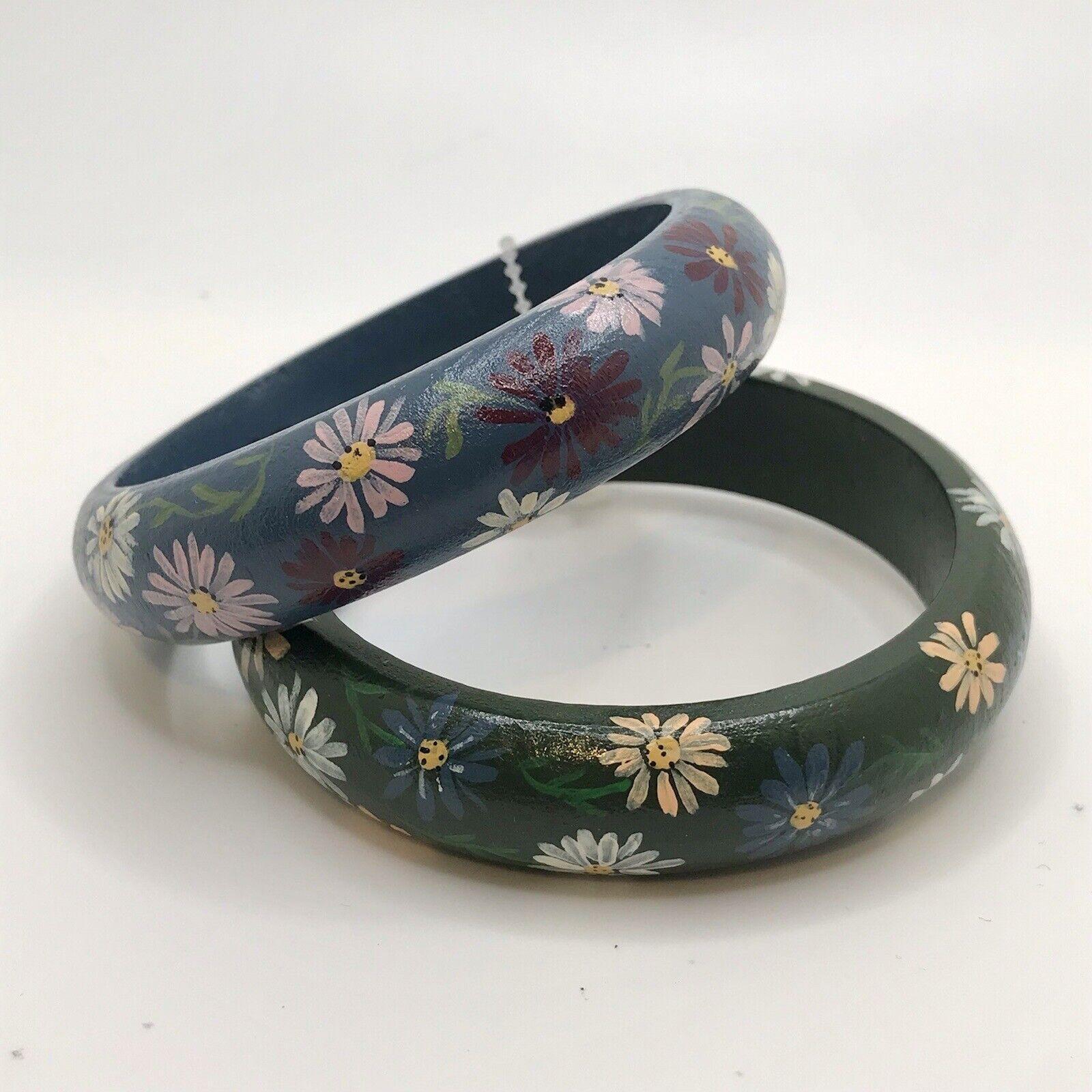 Hand Painted Signed Wooden Bangle Bracelets PAIR Green & Blue with Flowers