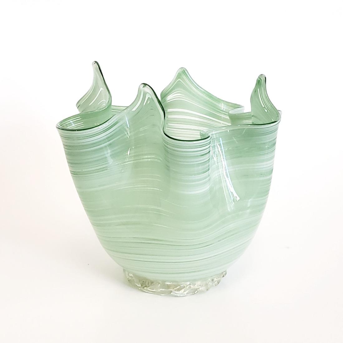 Murano Handkerchief Vase, Green White Stripe Footed Vase With Gold Foil ...