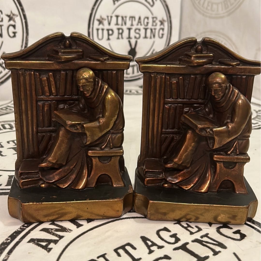 Vintage Scholar Sitting Reading Book Bookshelf Bronze Clad Bookends Art ...
