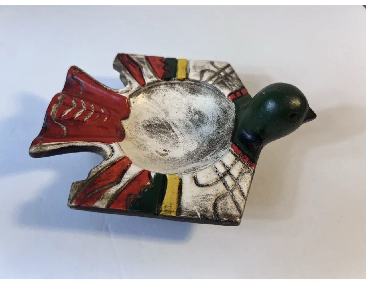 Vintage Western Bird ASHTRAY Art Pottery Matt Finish Primary Colors