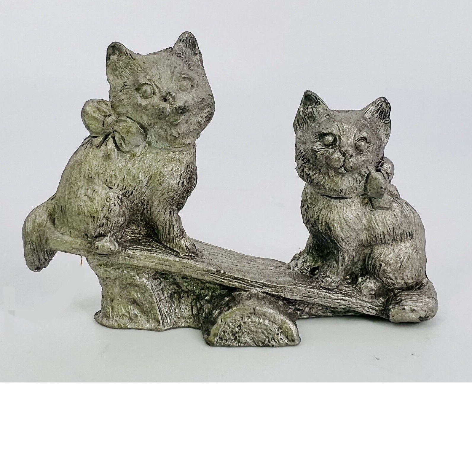 Spoontiques Pewter Mini Figurine Two Cats with Bows on Seesaw Over Log 78