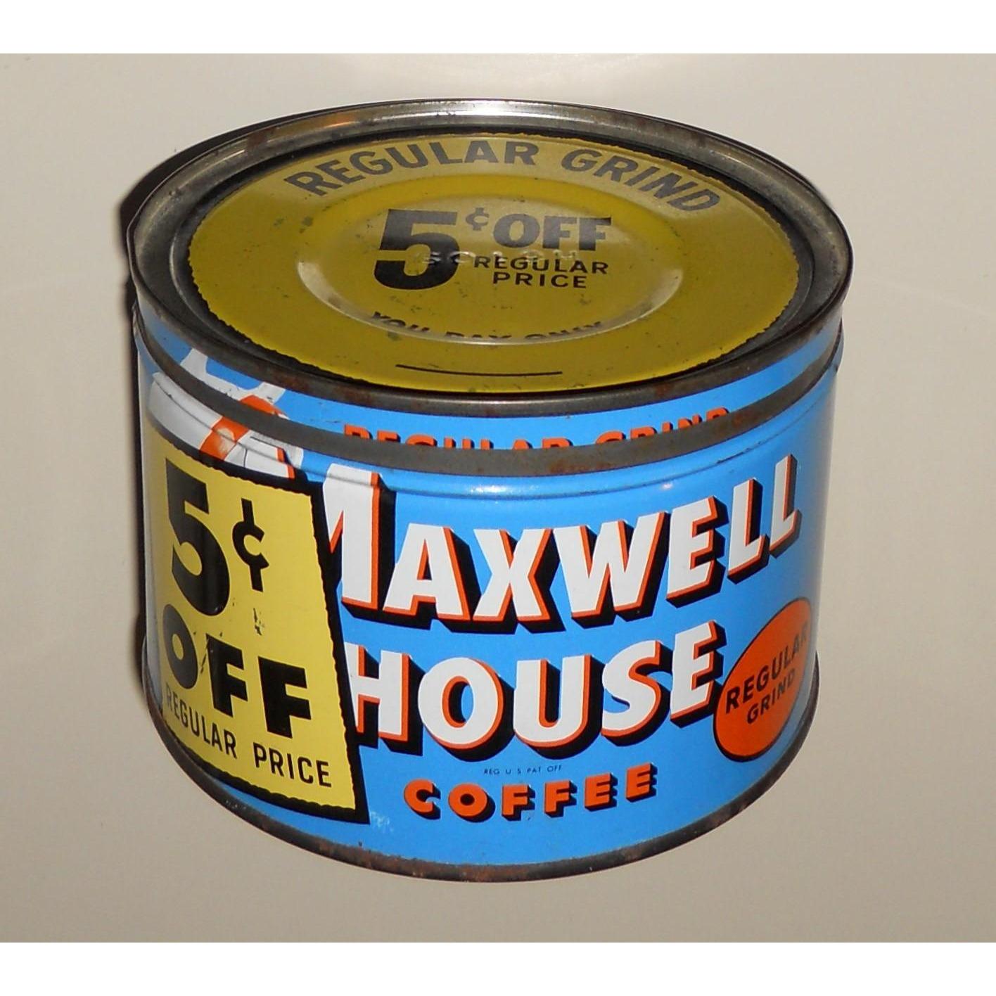 Vintage 5 Cents Off Maxwell House Coffee Metal Tin 1 Pound LB Regular ...