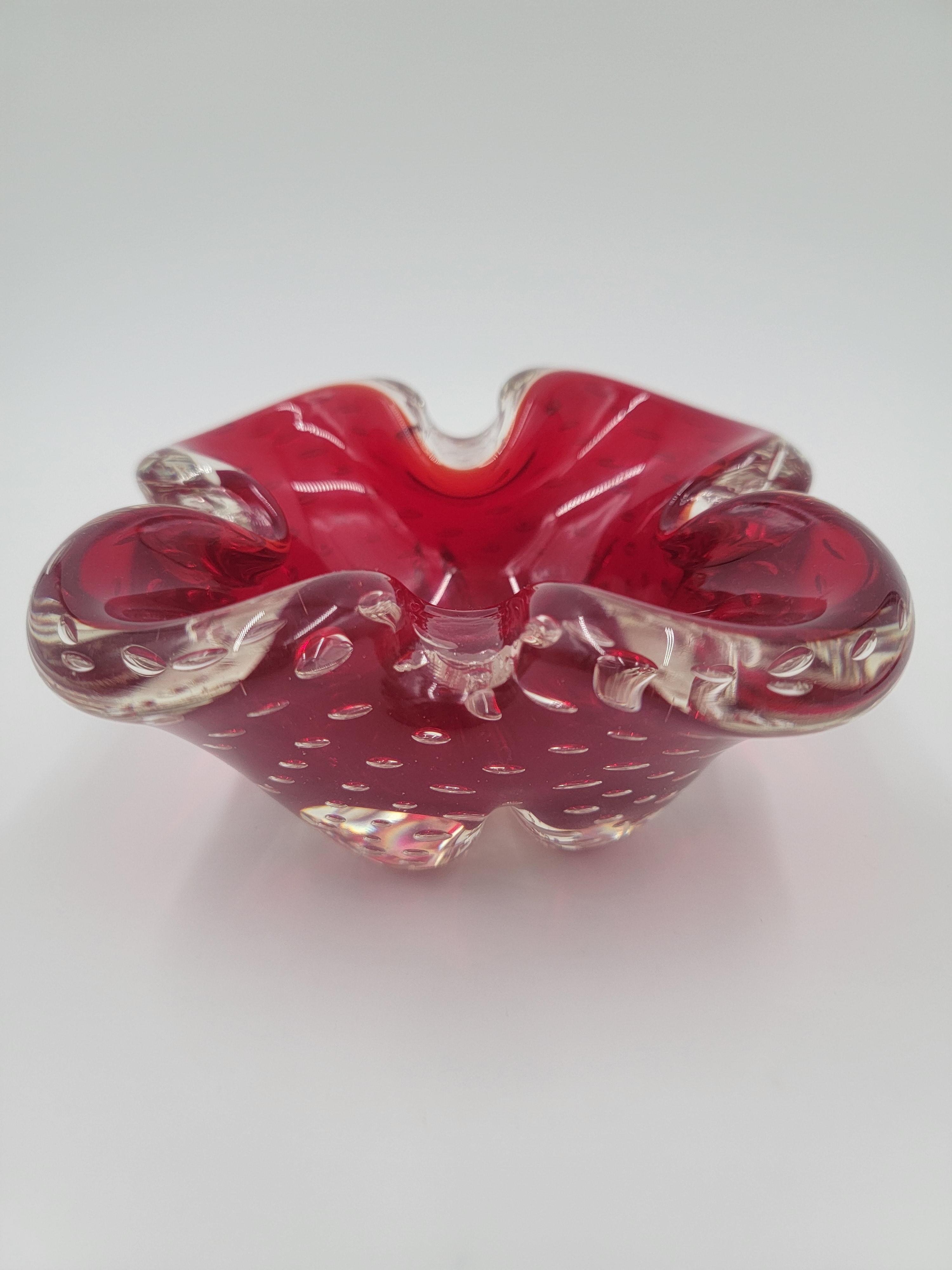Vintage Ruby Red Art Glass Ashtray with Clear Bubble Accents