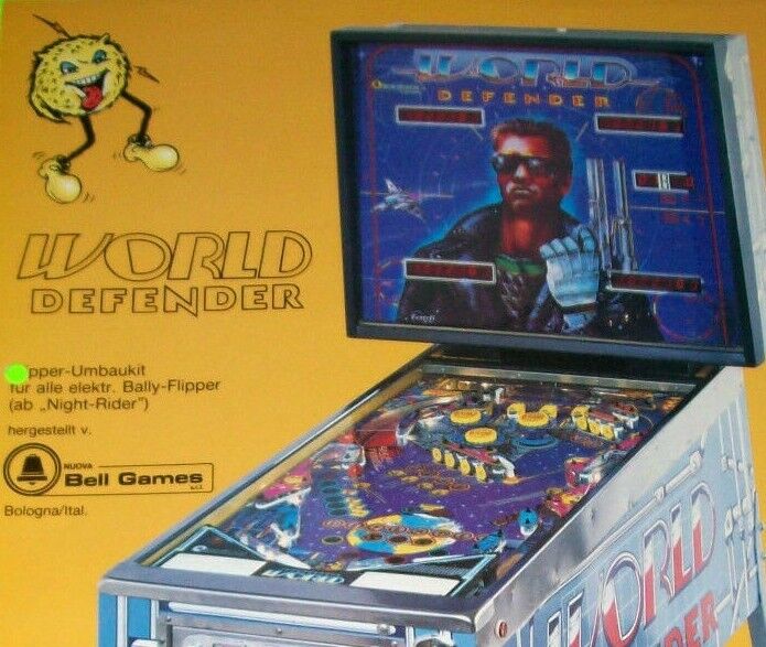 World Defender Pinball Flyer Nuova Bell 1985 Arnold Schwarzenegger ...