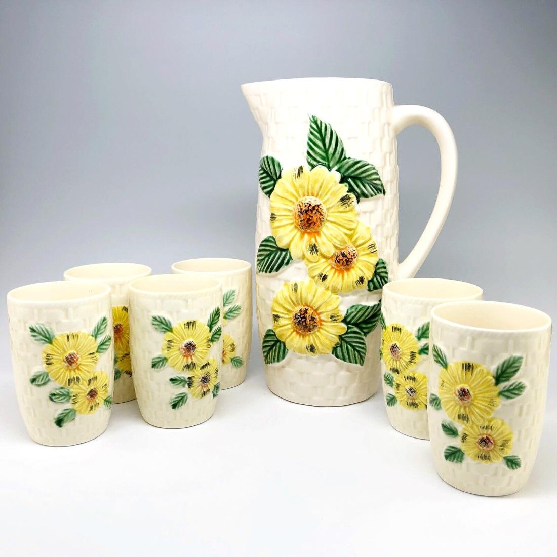 Enesco Tall Pitcher & 6 Cups Carafe Yellow Daisies Flowers Ceramic ...