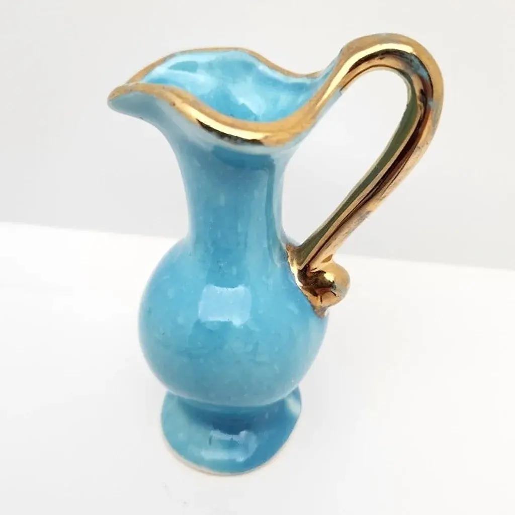 Mid Century Modern Ceramic Turquoise Blue Miniature Pitcher Vase w ...
