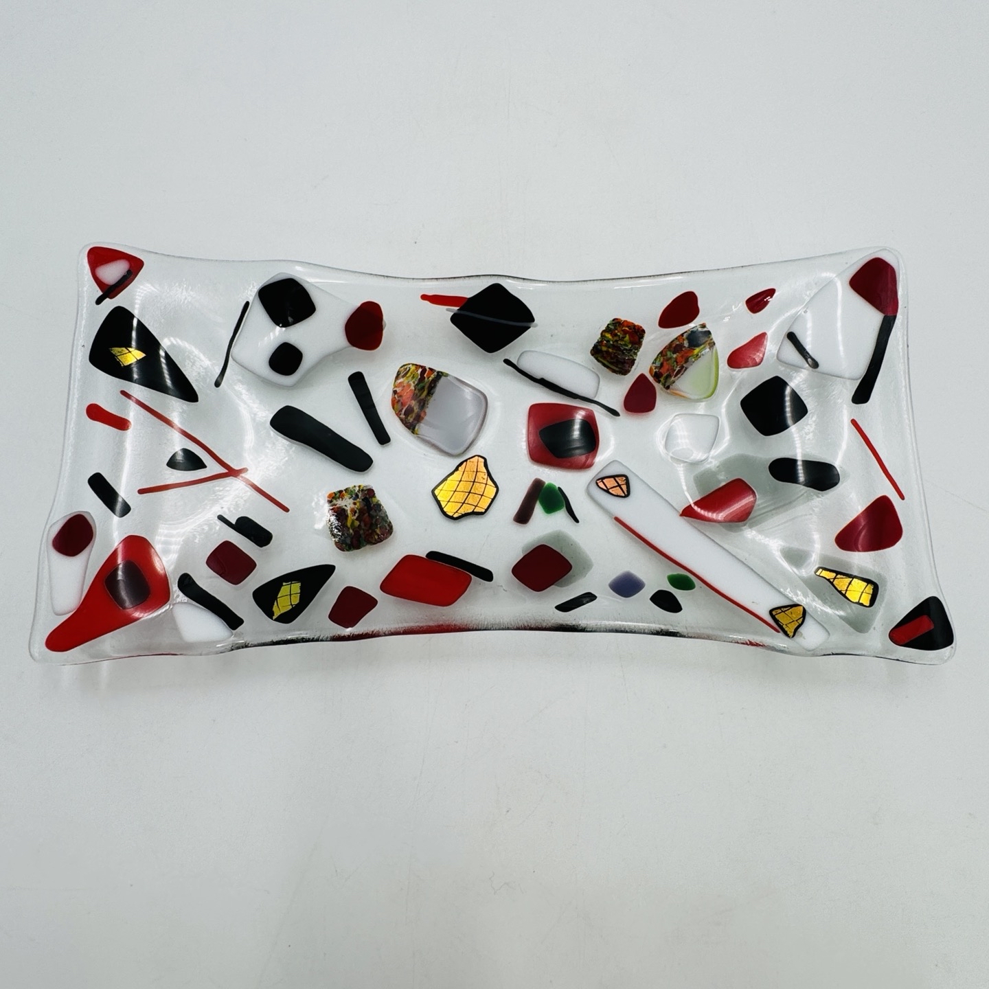 Fused Art Glass Rectangular Dish Plate with Multicolored Abstract ...
