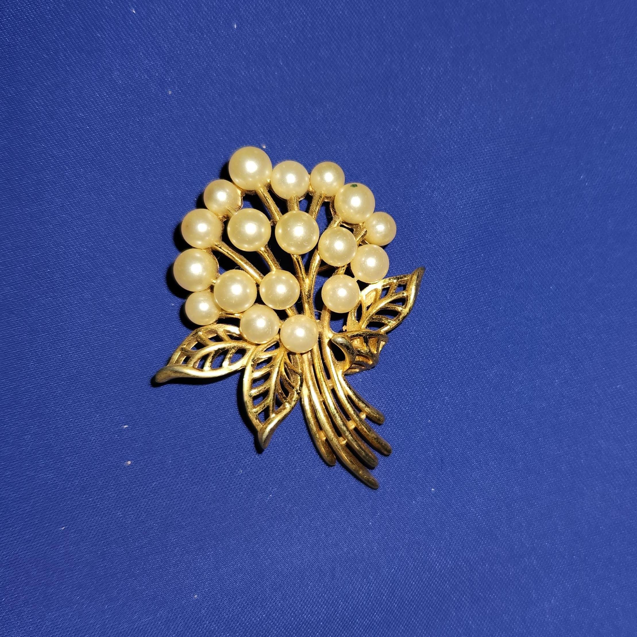 Trifari Flower Bouquet of Faux Pearl with Gold Tone Leaves/Stems