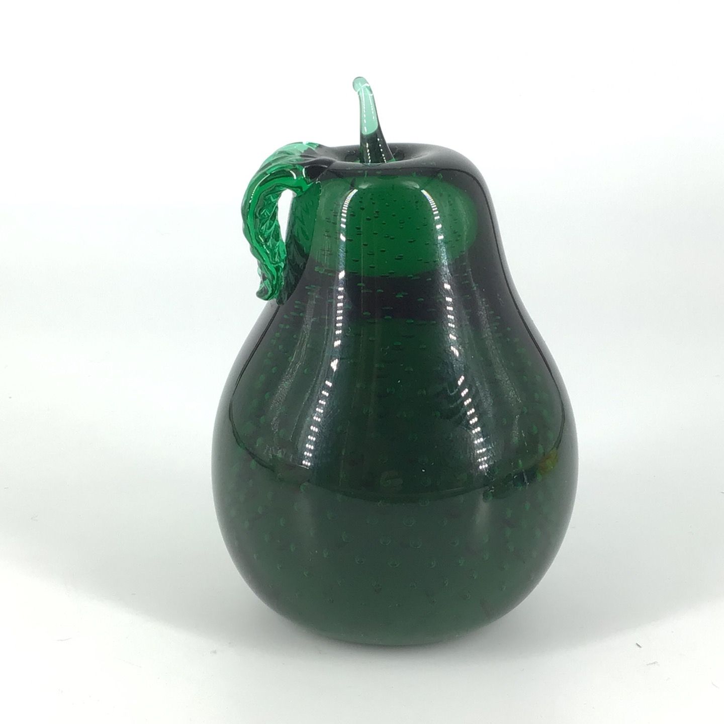Green Blown Glass Pear Paperweight Signed With Controlled Bubbles
