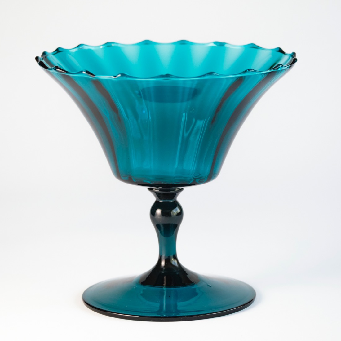 Mid Century Empoli Glass Fluted Compote Dark Teal Blue Italian ...