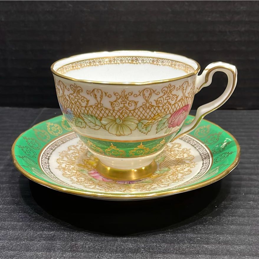 ROYAL STAFFORD TEA CUP AND SAUCER 'PORTRAIT' GREEN WITH FLORAL CENTER