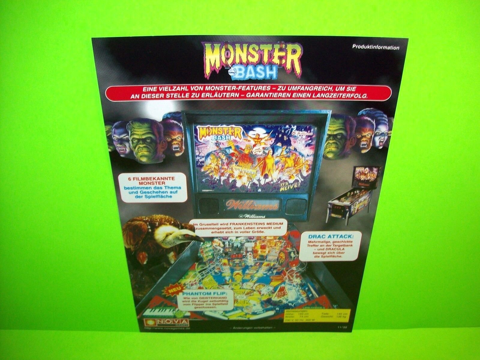 Monster Bash Pinball Flyer Nova Games Original NOS Pinball Machine German