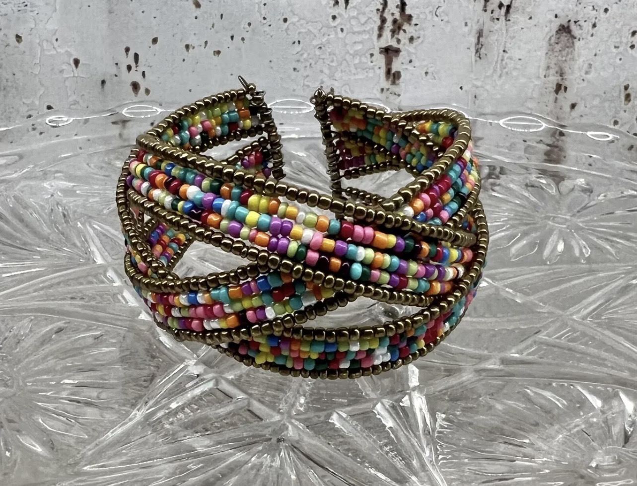 Vintage 1970s Seed Beaded BOHO Wide Cuff Multi-color Cross Over Bracelet
