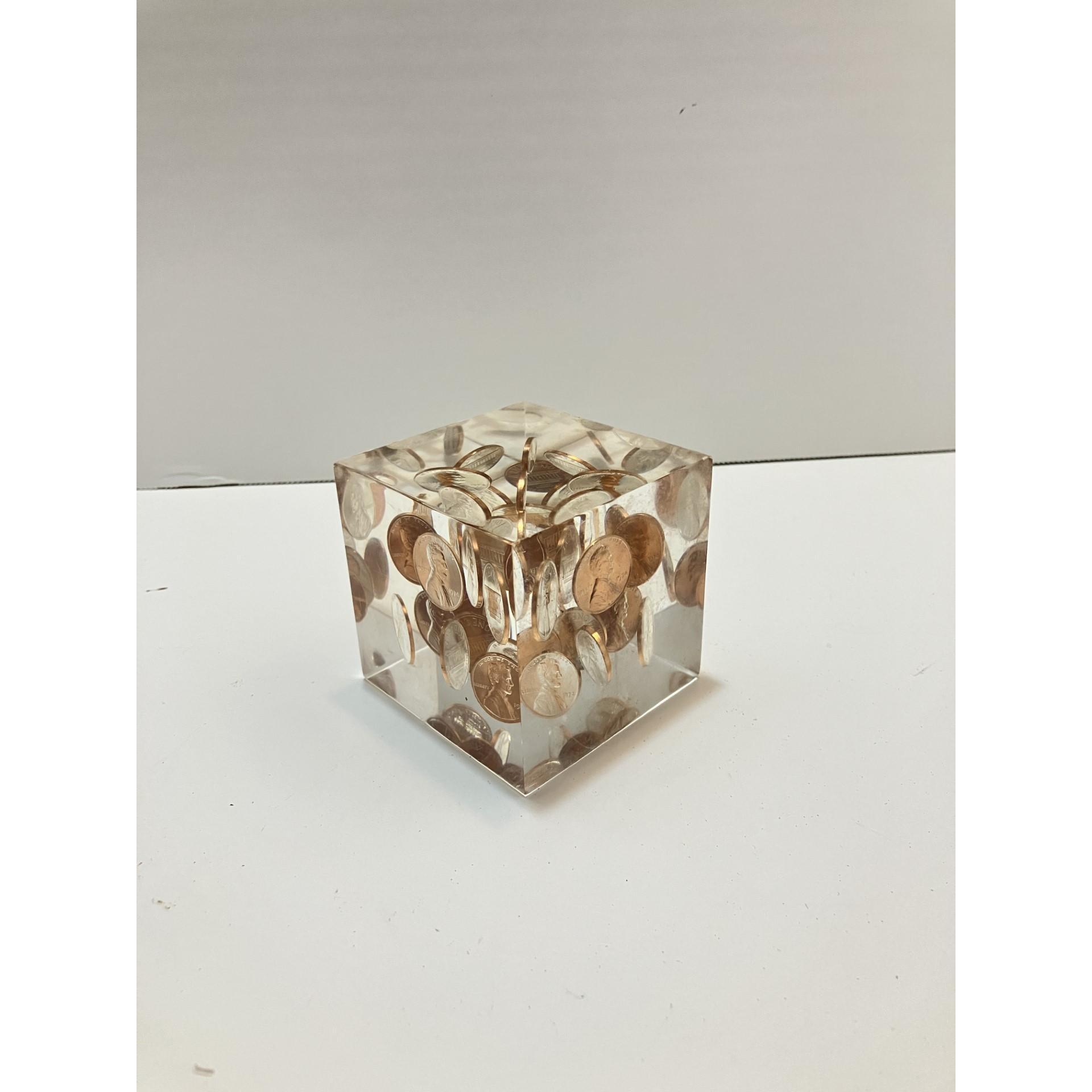 Vintage Acrylic floating 1974 Lincoln penny cube