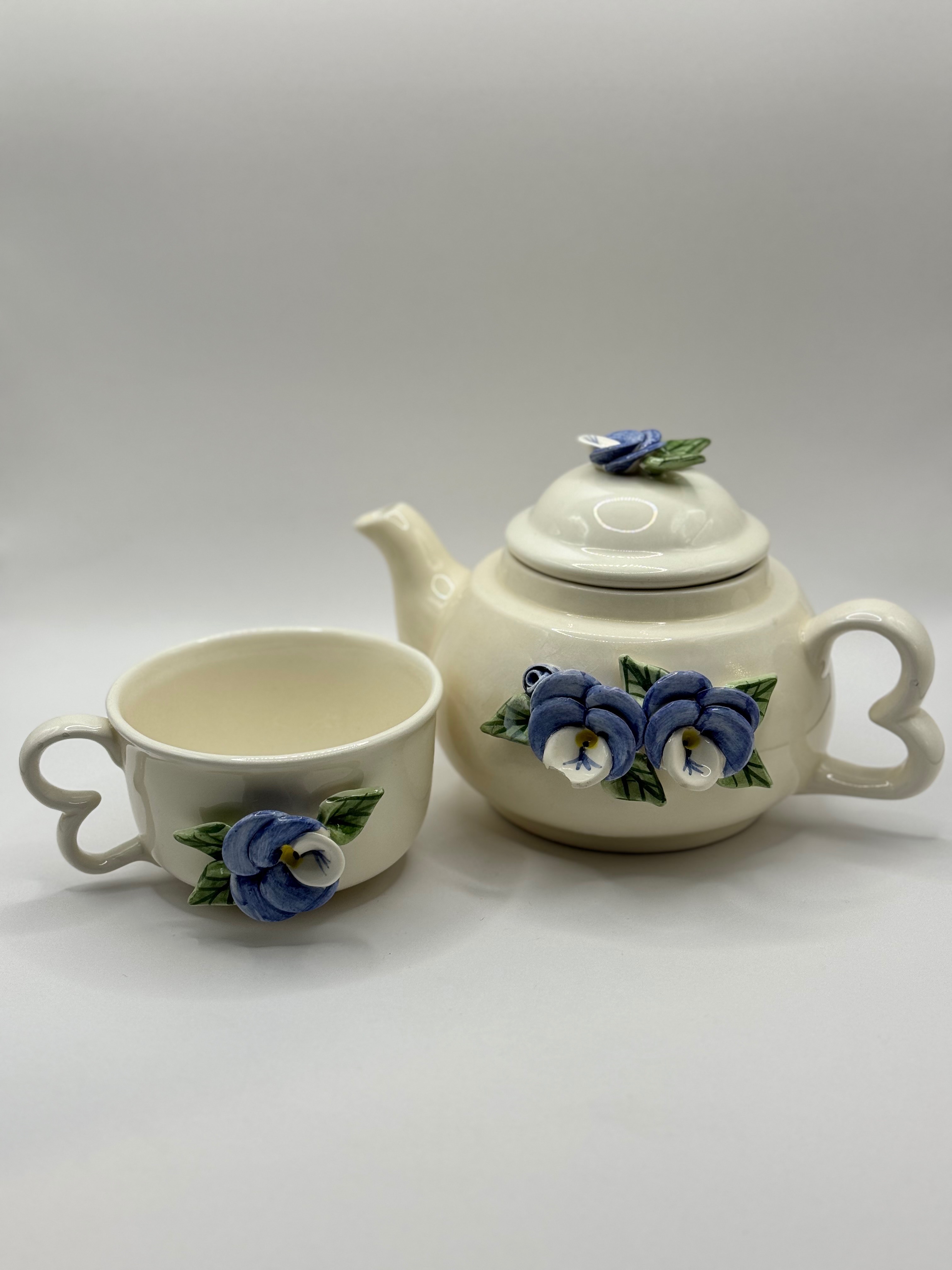 Vintage 1998 Ceramic Tea Set With Pansy Blue Floral Design, Teapot ...