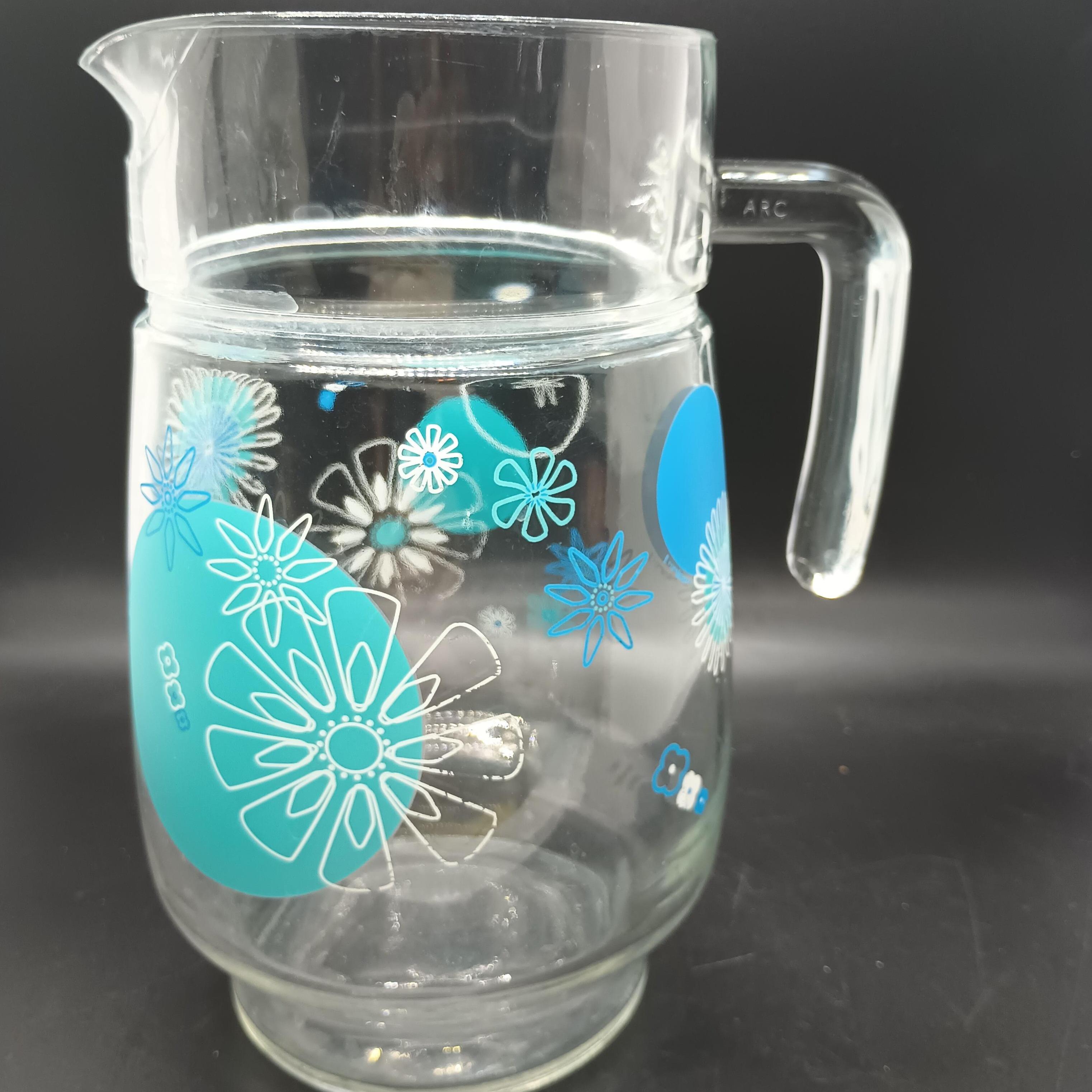 ARC MCM Glass Pitcher Teal/Blue/ White Floral Design