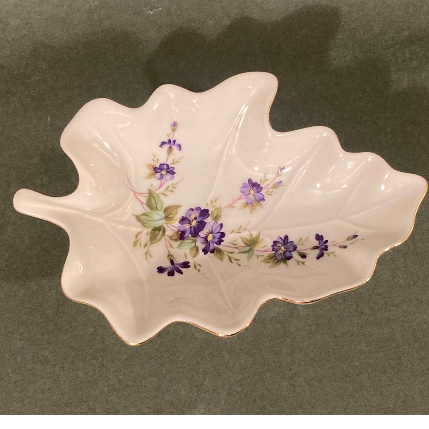 Lefton Violets Leaf-Shaped Hand-painted Trinket Dish