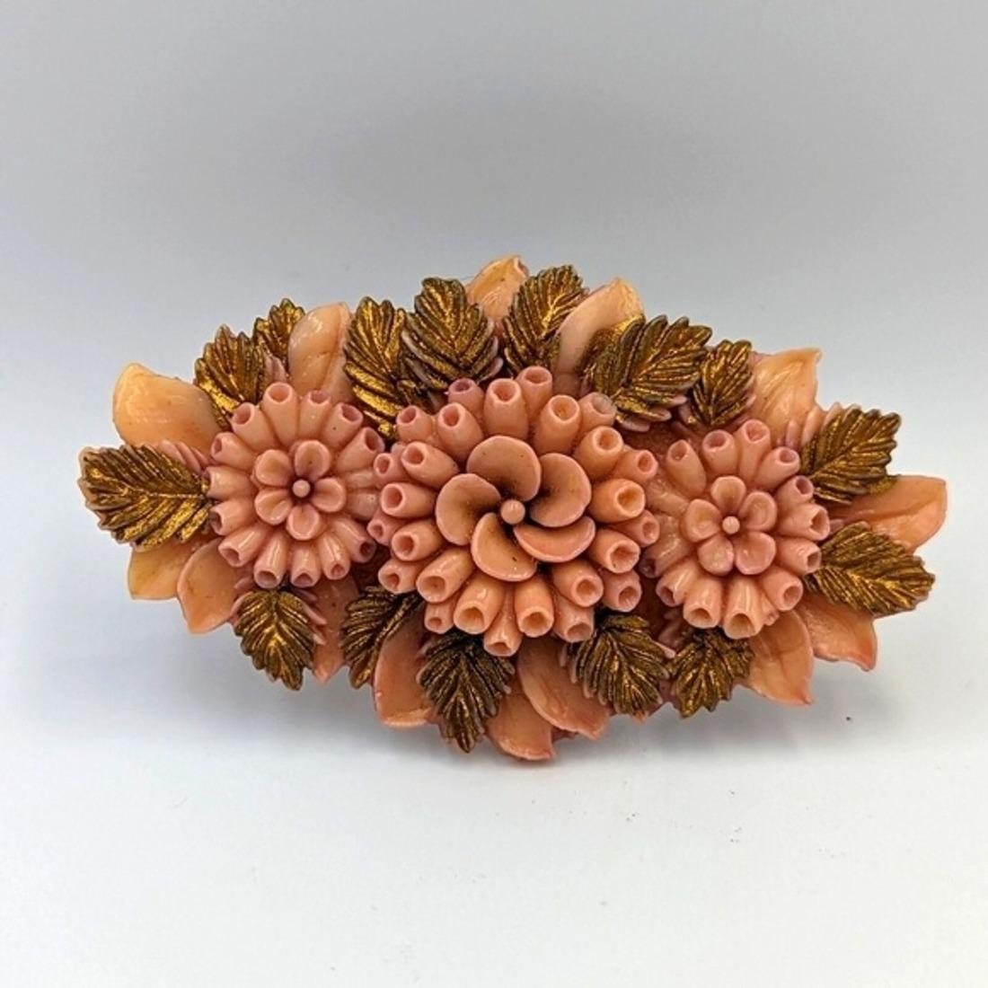 Vintage Light Pink & Gold Plastic/Lucite Flower Bouquet Japanese Brooch