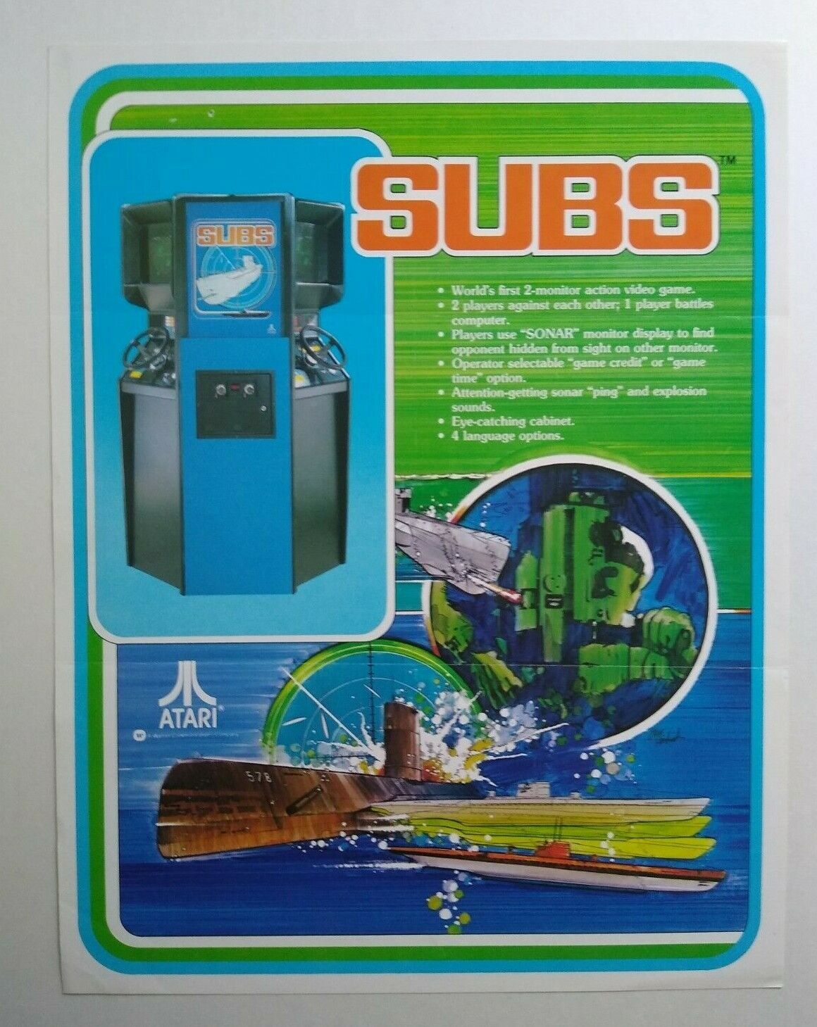 Subs Arcade FLYER Original 1979 Classic Retro Video Game Vintage Promo ...