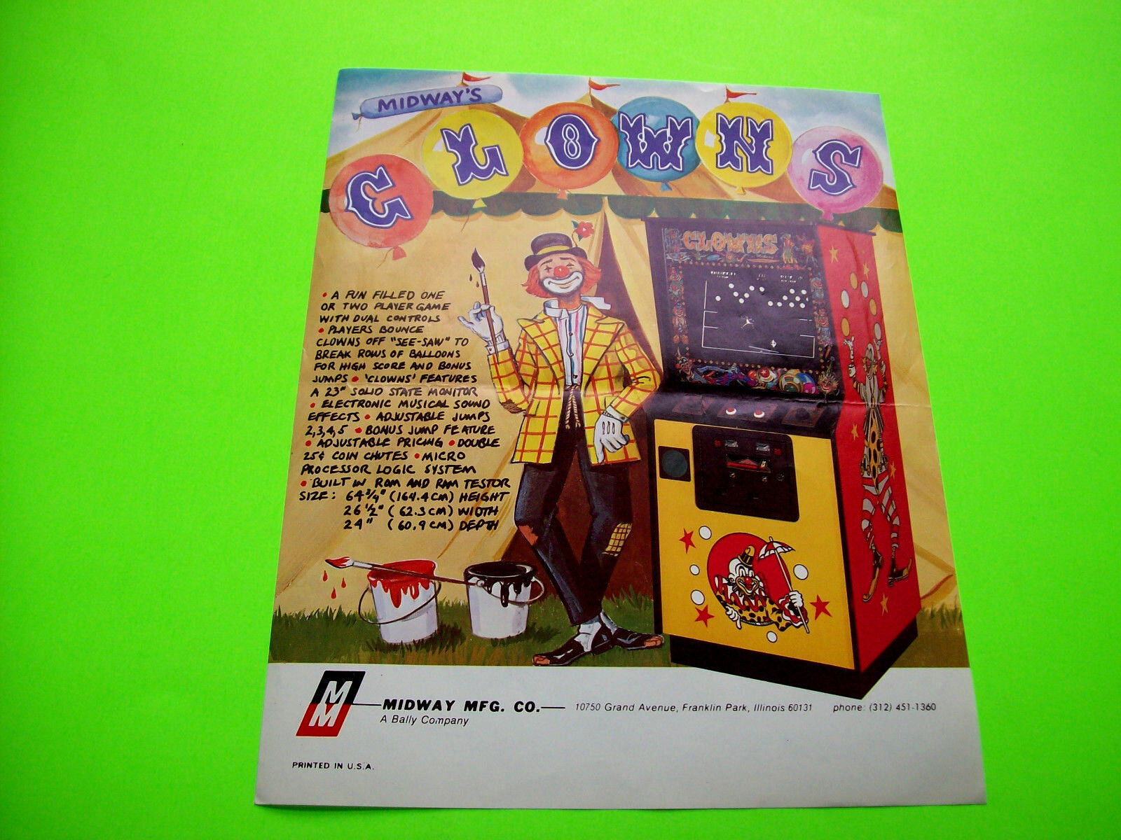 CLOWNS Original 1978 Retro Vintage Video Arcade Game Promo Sales Flyer