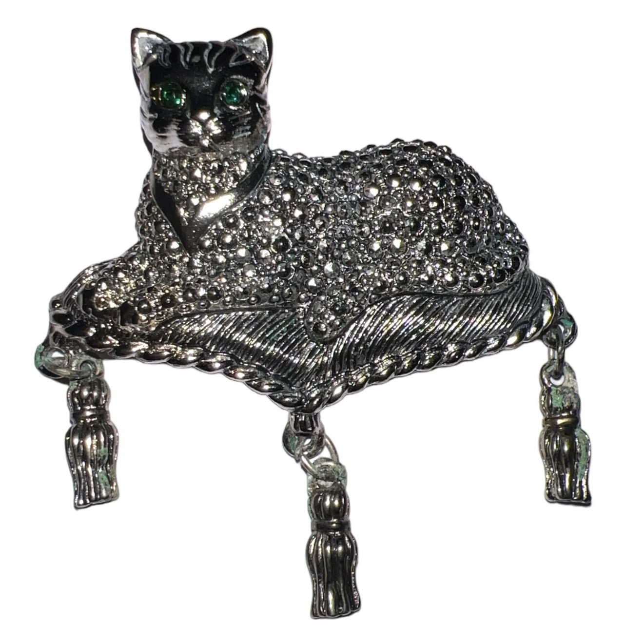 Vintage Rhinestone Cat Kitten Kitty On Pillow Brooch Signed AVON Silver ...