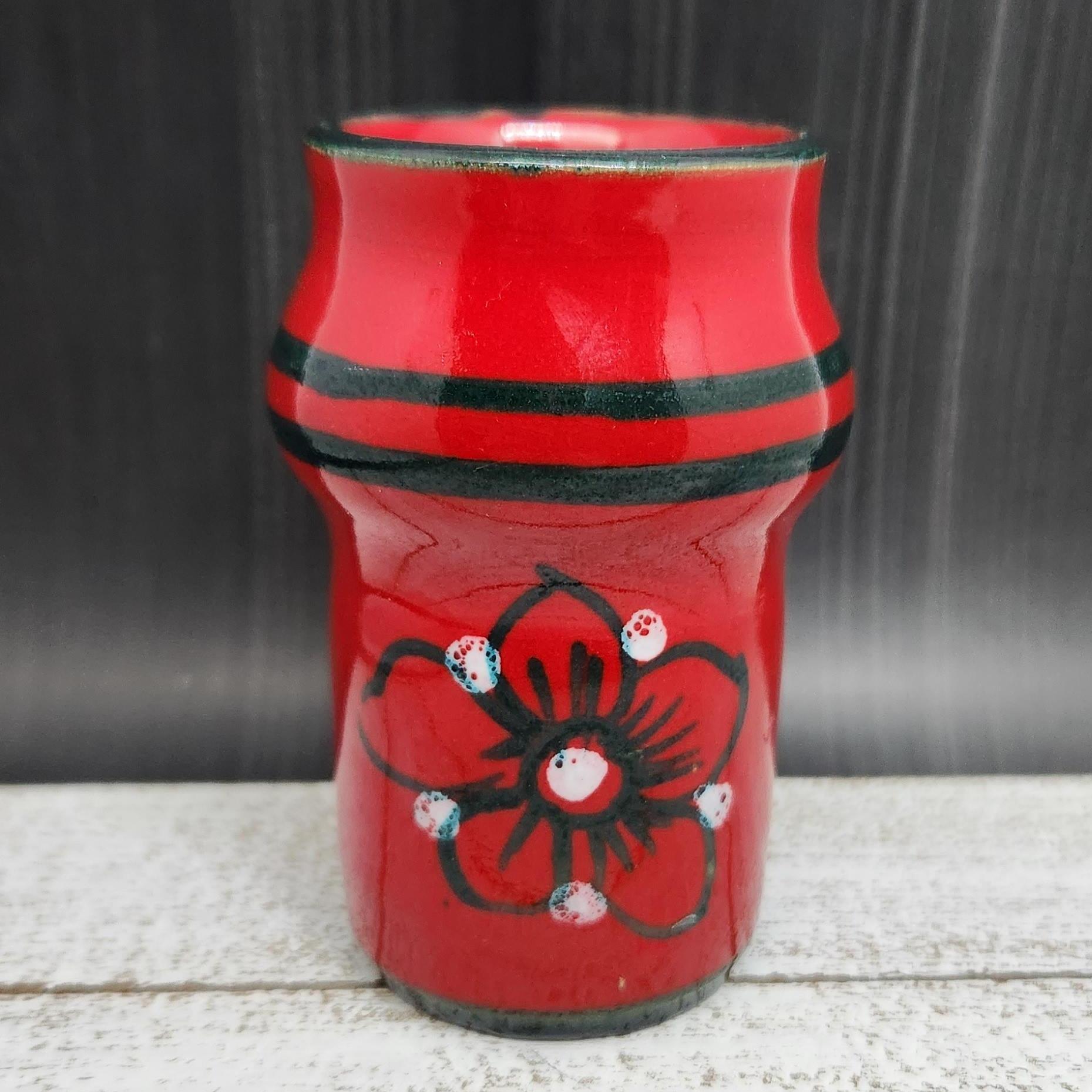 Red and Black Pottery Vase with Flower, 3.75", Hand Painted Details