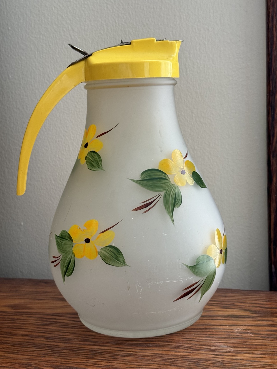 Dripcut Clear Frosted Glass Batter Pitcher With Hand Painted Yellow Flowers