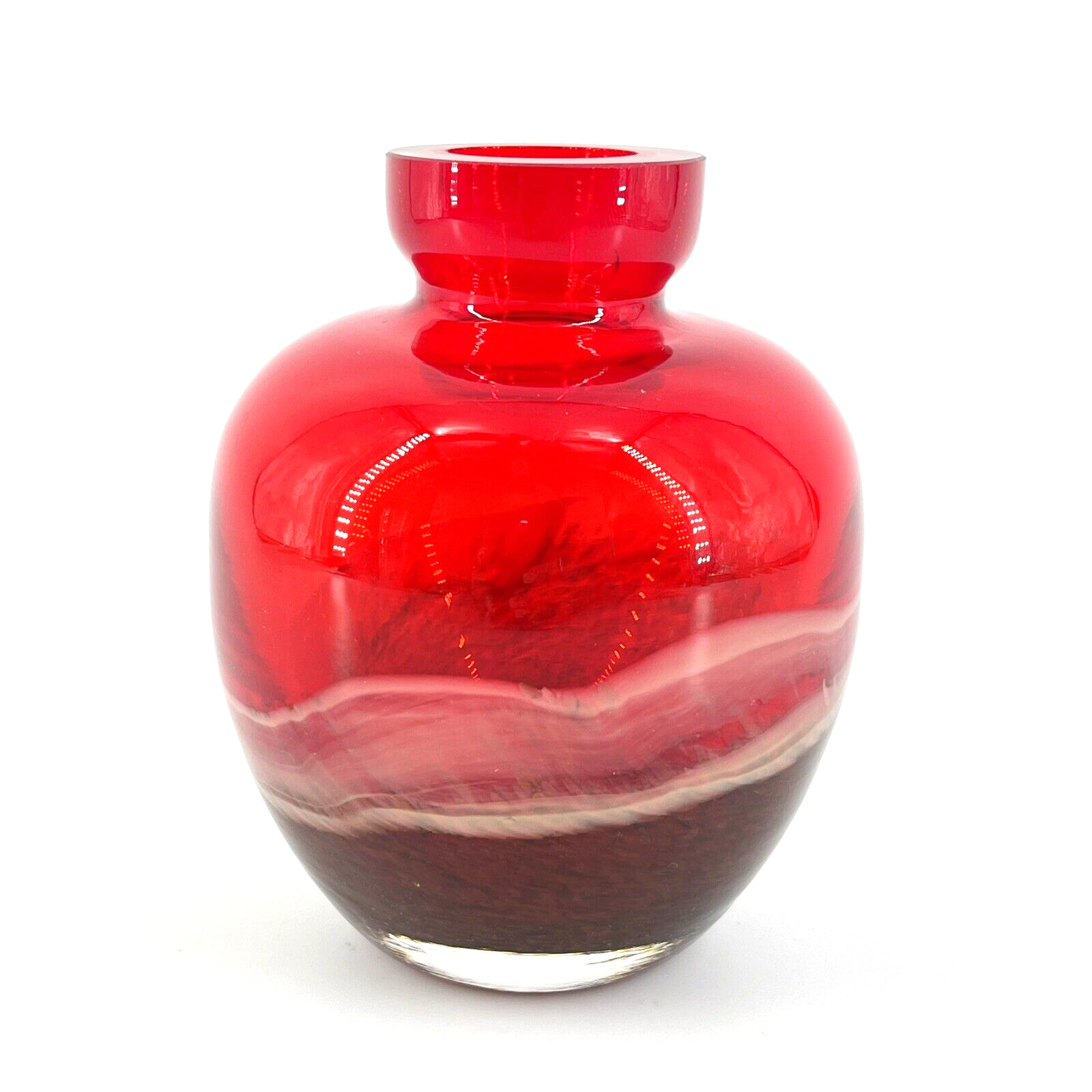 CHERRY RED ART GLASS 4" DIFFUSER VASE CASED SWIRLED EUC