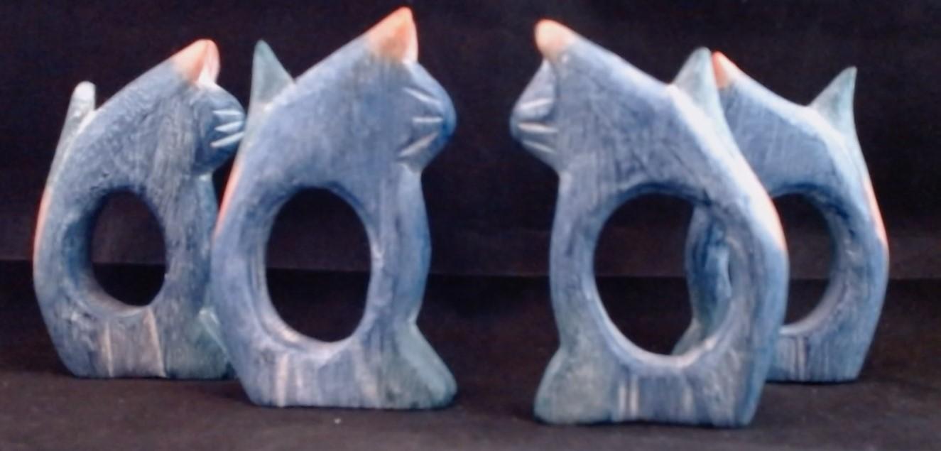 Abstract Art Carved Wooden Blue & Pink Cat Napkin Rings