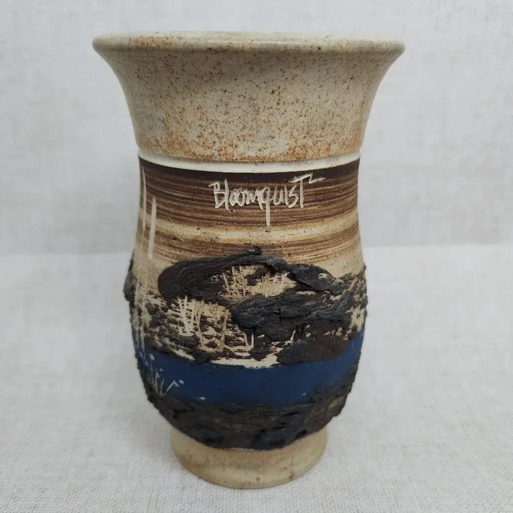Original John Bloomquist Art Pottery Vase, Signed, Nature, Water, Trees