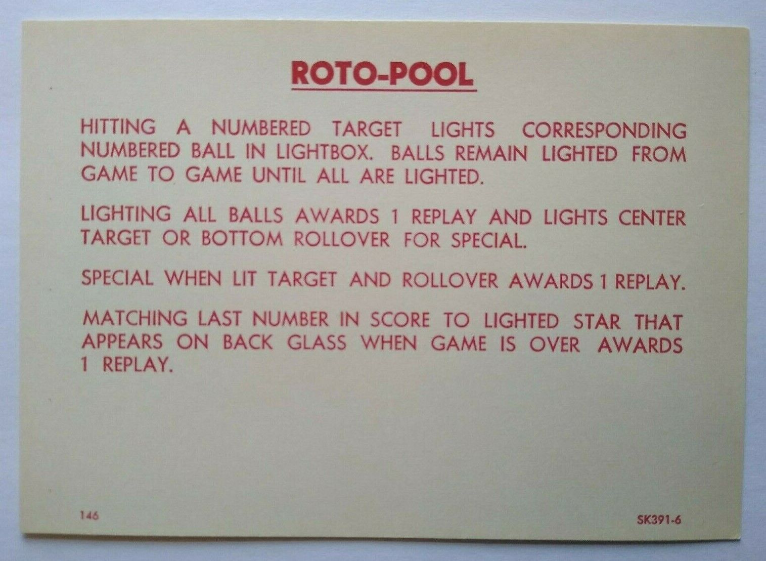 Roto Pool Pinball Machine 1958 Original Instruction Card Game SK391-6