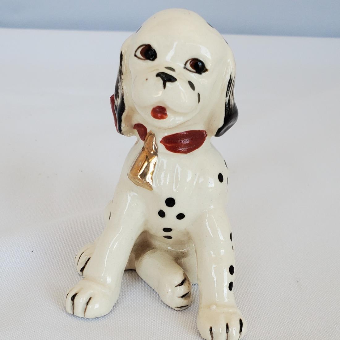 Vintage Ceramic Dalmatian Puppy Figurine Red Bow Gold Bell