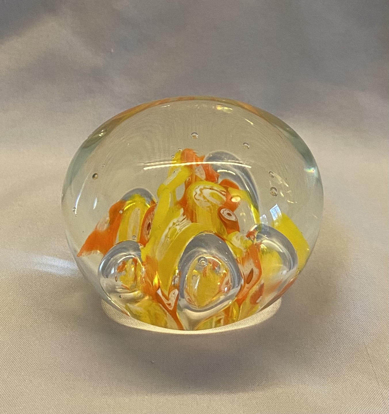 Glass Paperweight Yellow Orange White Swirl