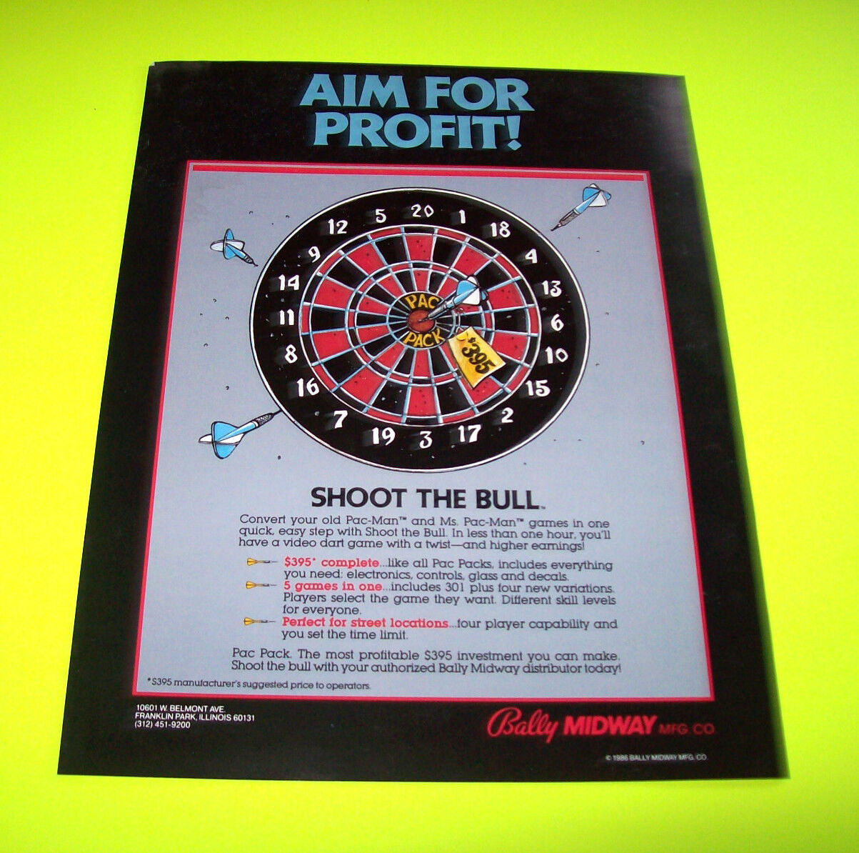 SHOOT THE BULL 1986 ORIGINAL VIDEO ARCADE GAME SALES FLYER Vintage Retro