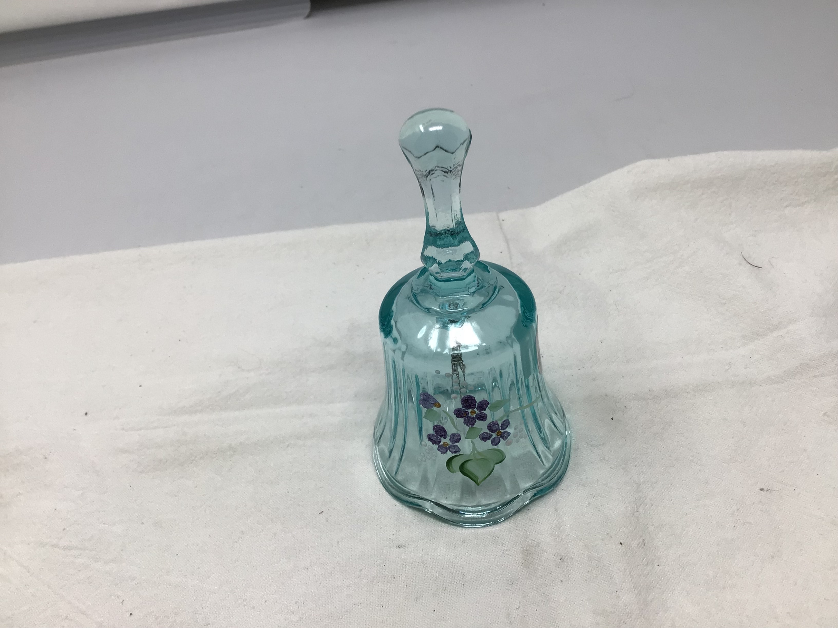 Fenton Light Blue Glass Bell With Purple Flowers Hand Painted Signed I ...
