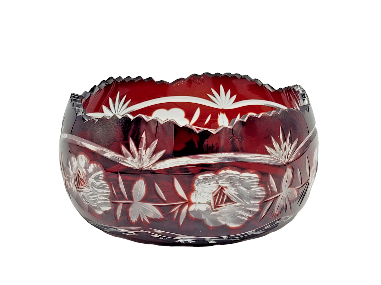 Vintage Bohemian Cranberry Cut To Clear 3" X 5.5" Glass Bowl Sawtooth Rim