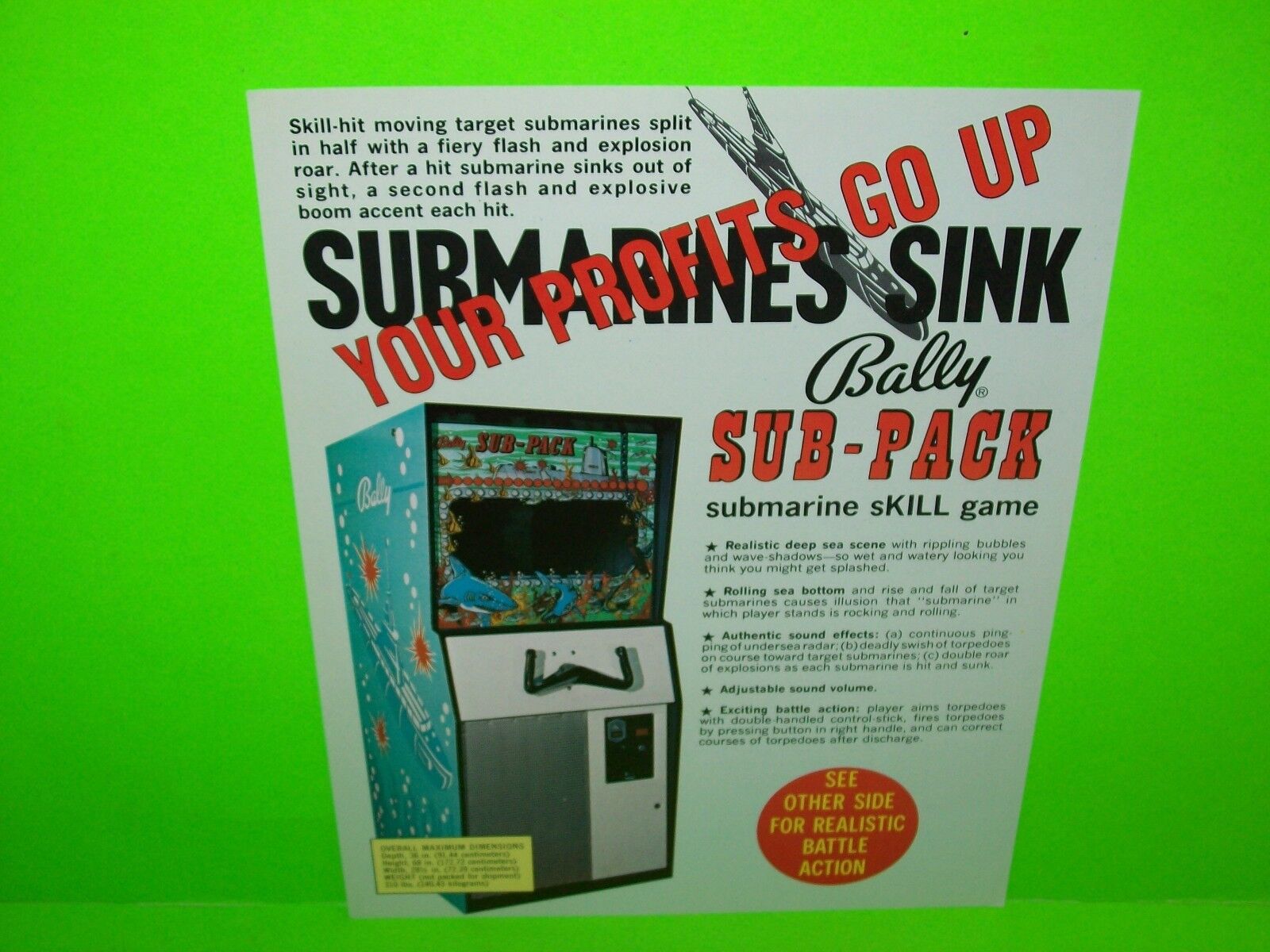 SUB-PACK Original NOS 1973 Retro Arcade Game Flyer Submarines Deep Sea