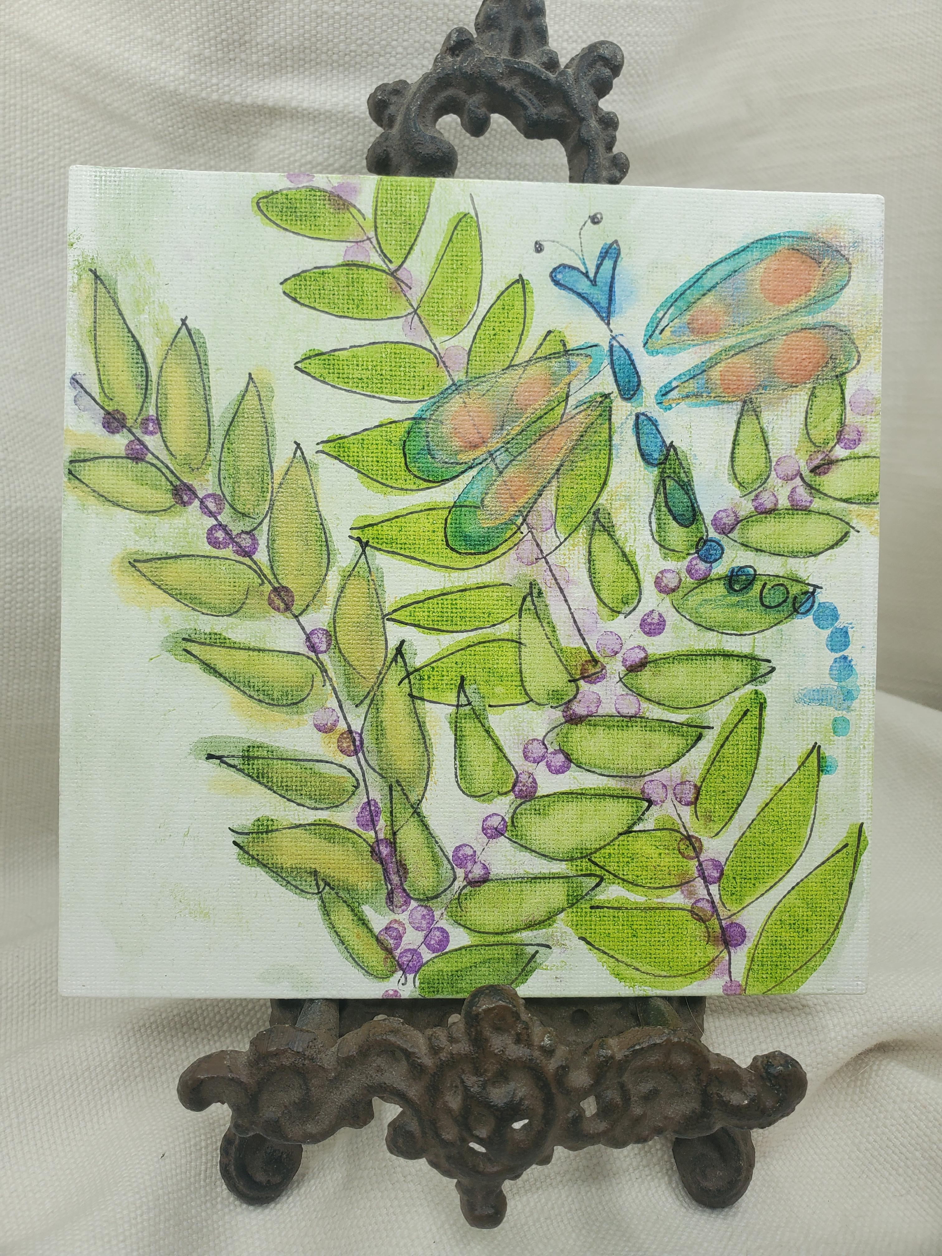 DRAGONFLY AND FERN PURPLE BERRIES Handpainted Whimsical Greenery With ...