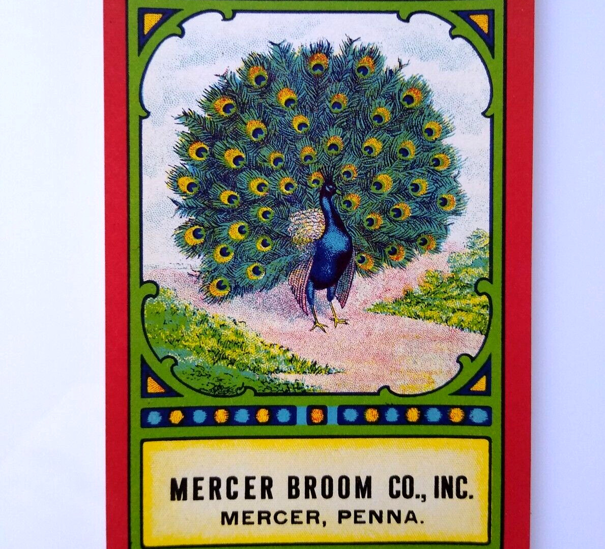 Mercer Broom Label Peacock Bird Original Vintage UNUSED Lithograph Artwork