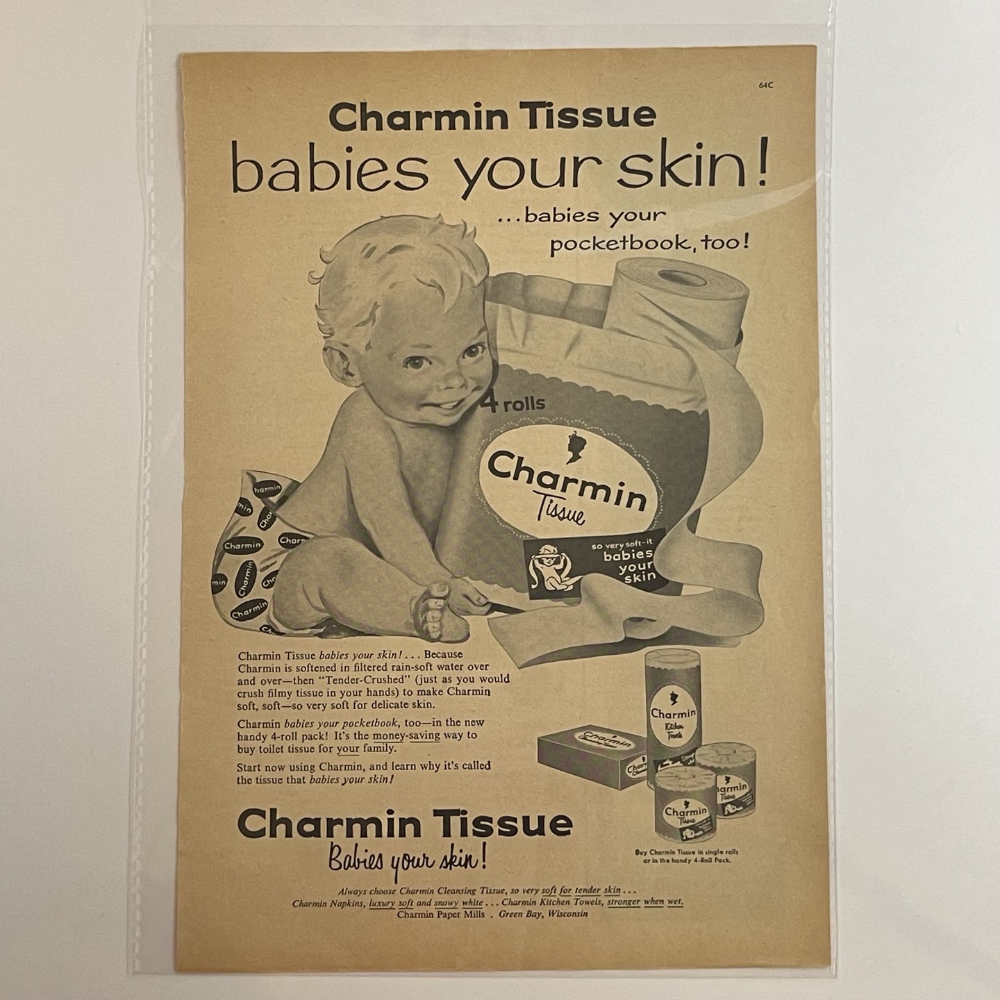 1954 Vintage Charmin Tissue/Clabber Girl Ad Old Paper Ephemera