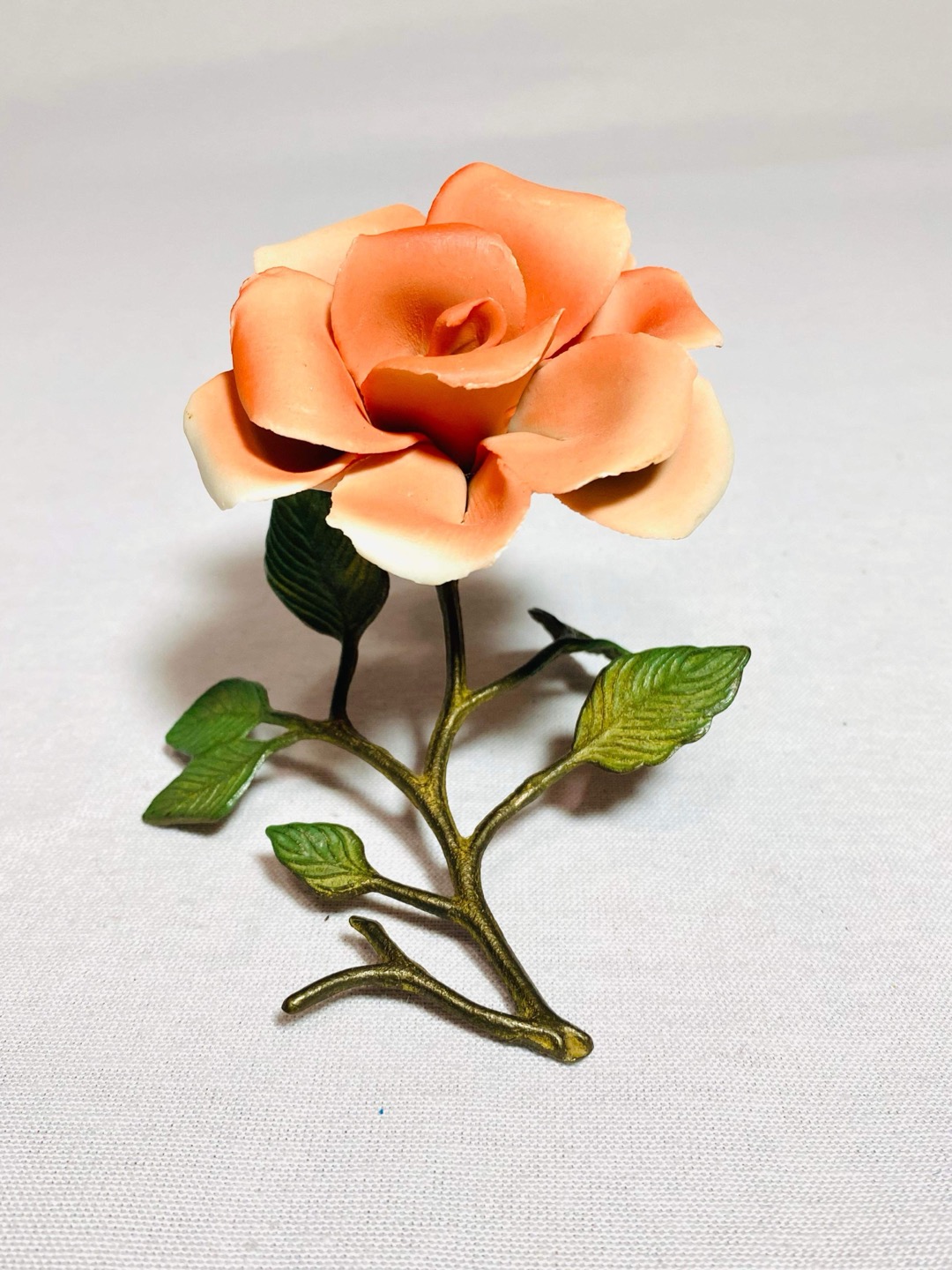 Porcellane Capodimonte Single Orange Rose On A Pewter Stem. Made In ...