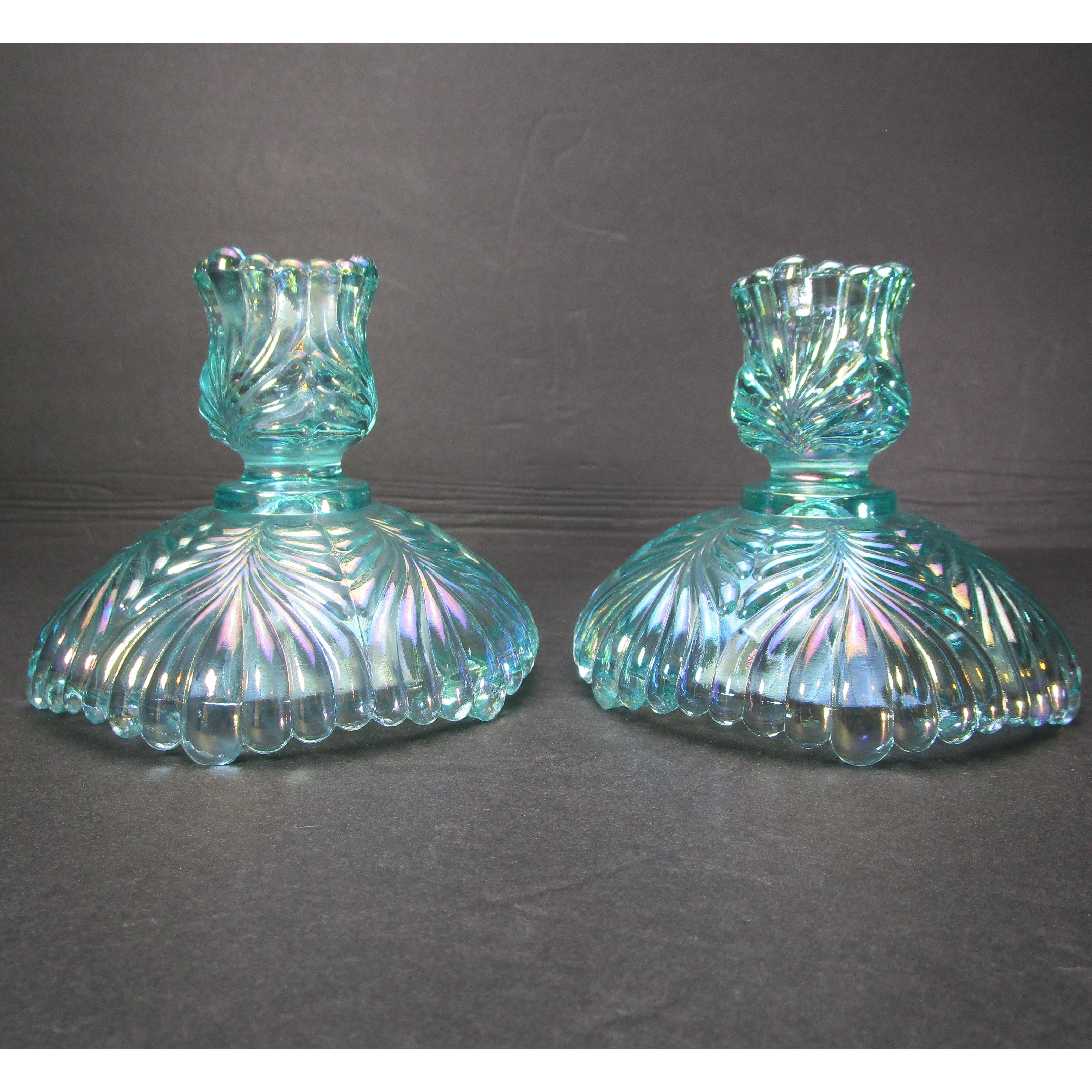 Fenton Glass Aqua Turquois Blue Leaf Candlestick Holders Iridescent ...