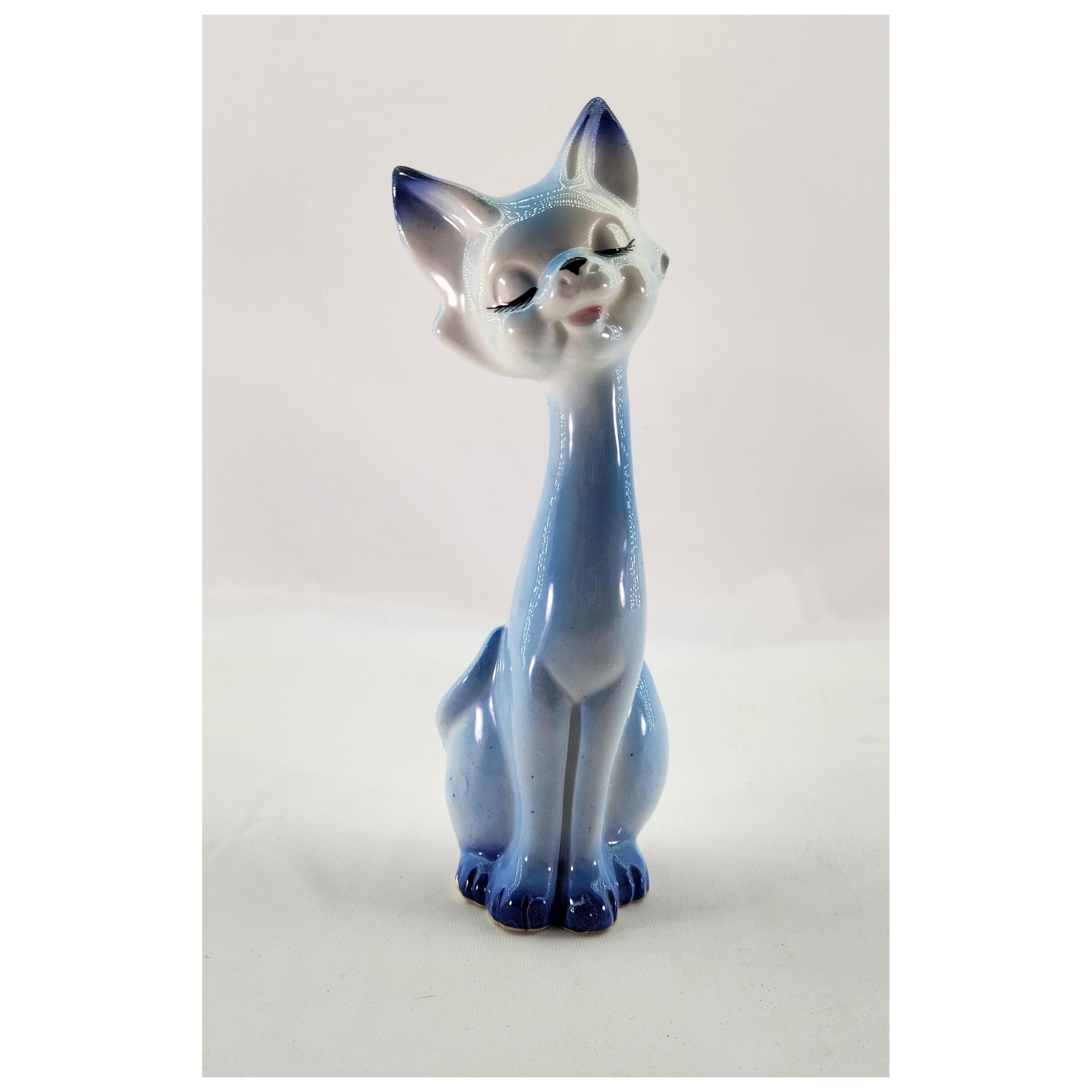 Vintage Ceramic Blue Long Neck Cat Figurine