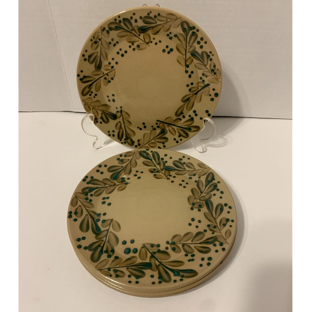 Set of 4 Beaumont Brothers Pottery “Green Leaves” 7” Stoneware Plates