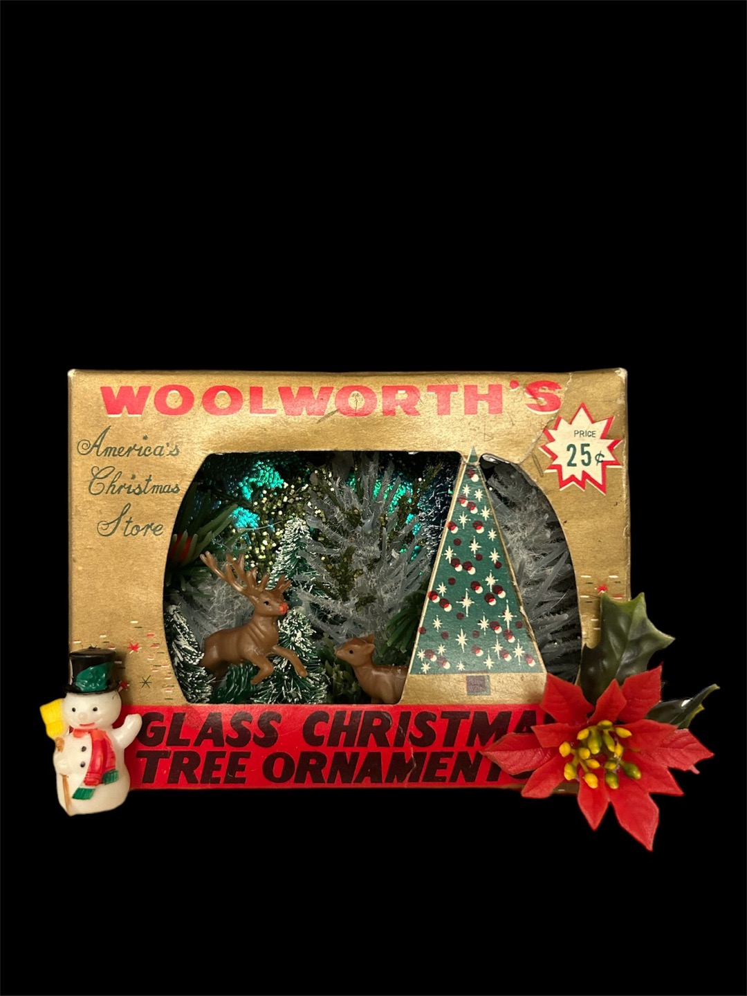 Woolworth Christmas Ornament Box Diorama Assemblage Trees And Deer