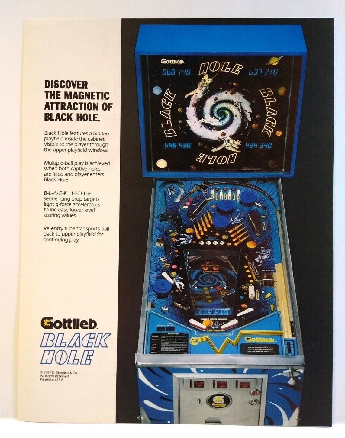 Black Hole Pinball Flyer Vintage Original 1981 Euro Version 8.5" x 11 ...