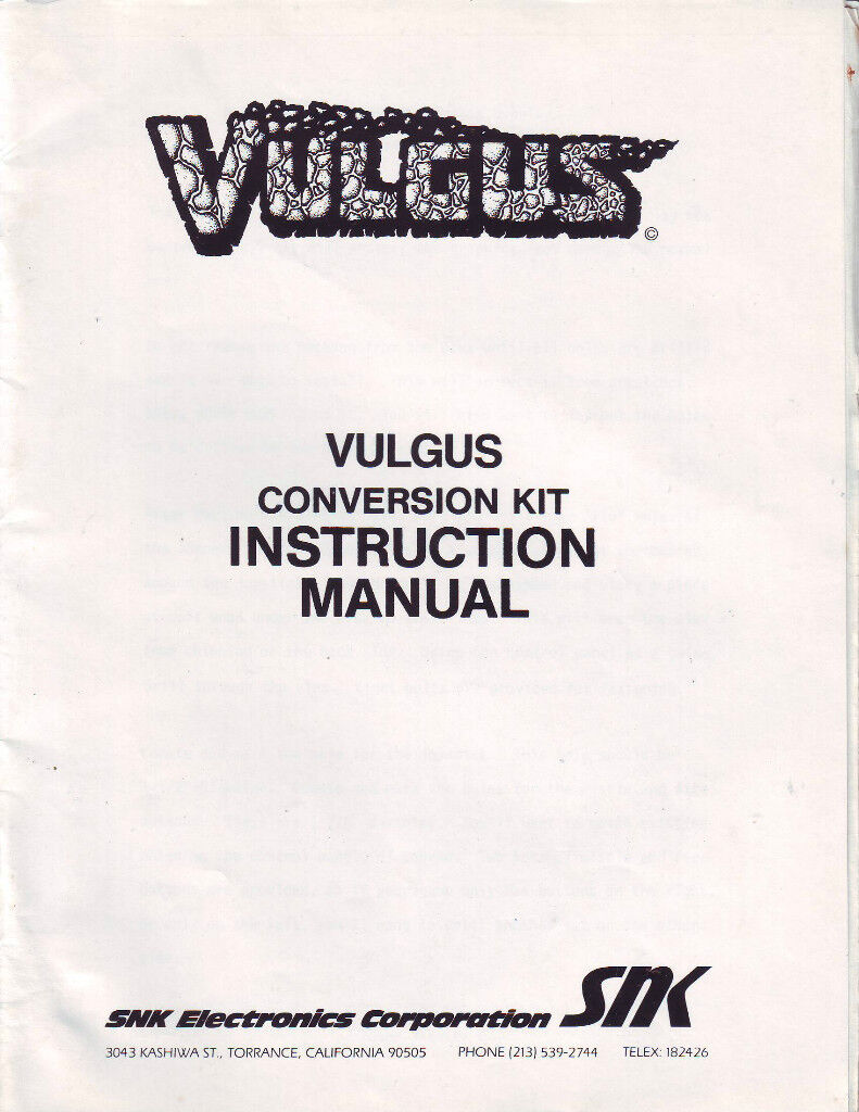 VULGUS CONVERSION KIT VIDEO ARCADE GAME SERVICE MANUAL 1984